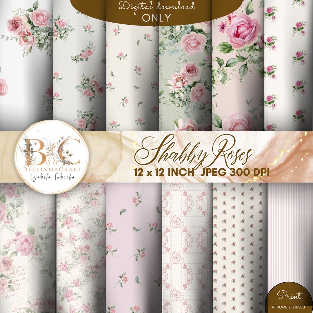 Watercolor Shabby Chic Pink Roses Digital Paper, Scrapbook Seamless ...