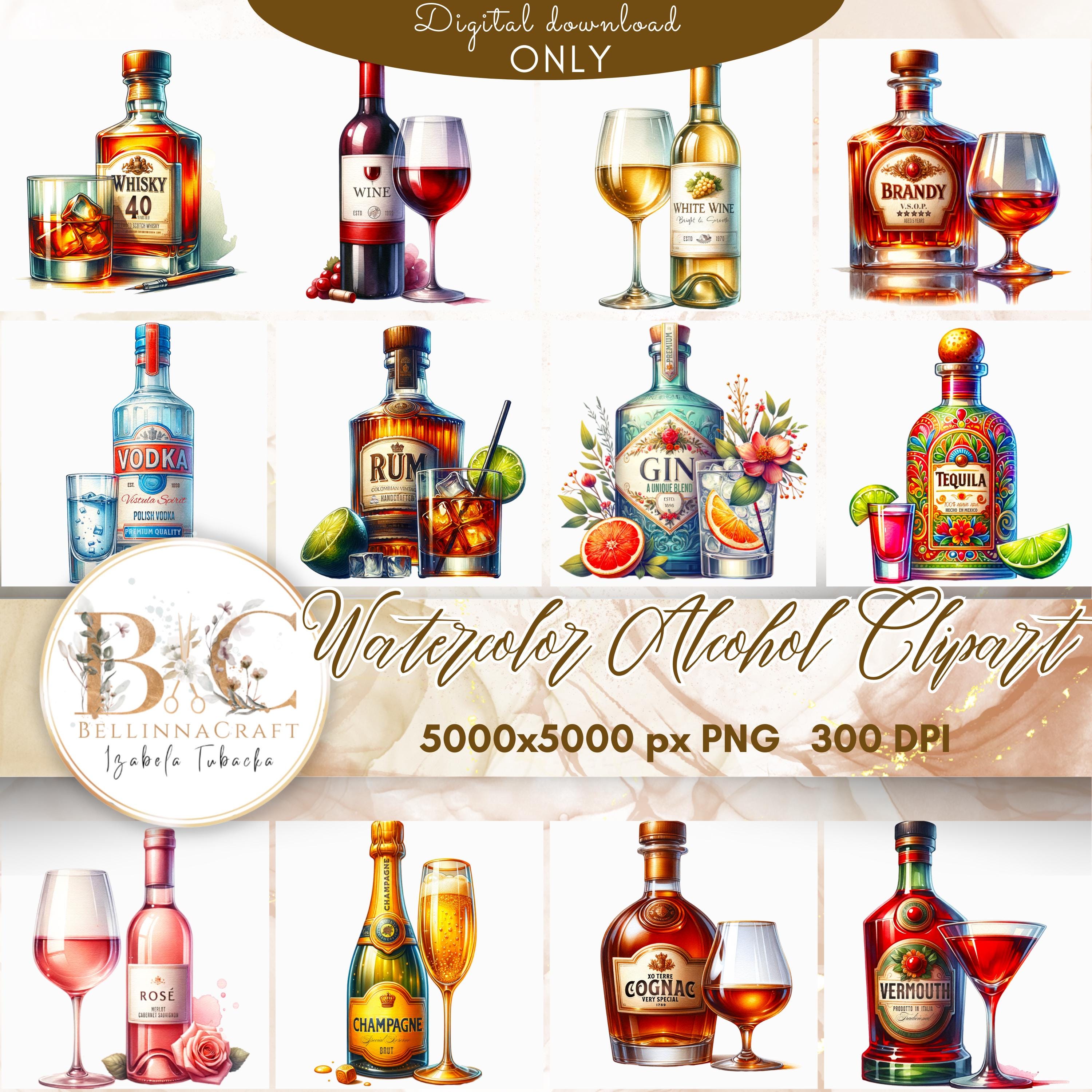 Watercolor Alcohol Clipart Bundle – Whiskey, Vodka, Champagne, Wine ...