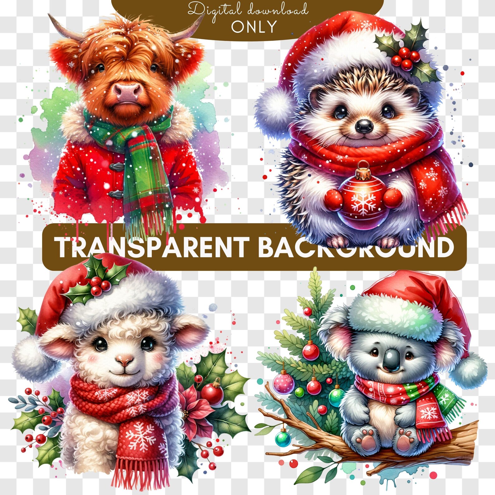 Watercolor Christmas Animals Clipart, Adorable Animals Christmas ...