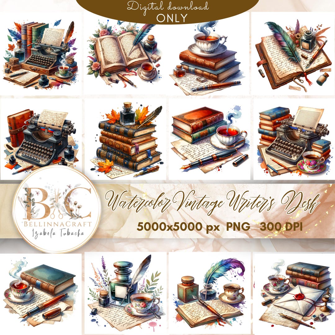 Watercolor Vintage Writer’s Desk Clipart Set, Retro Typewriter, Books ...