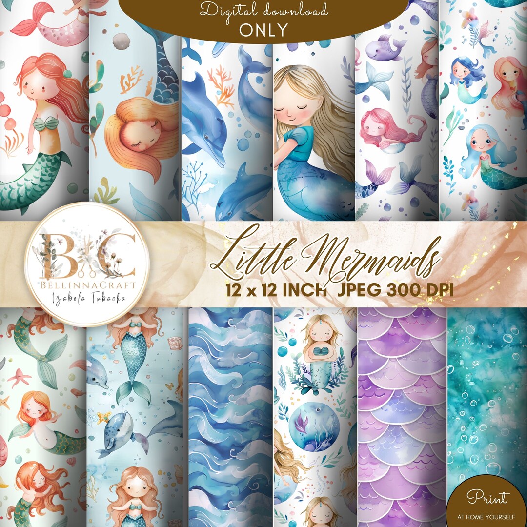 Watercolor Little Mermaids Seamless Digital Paper, Scrapbook Paper ...