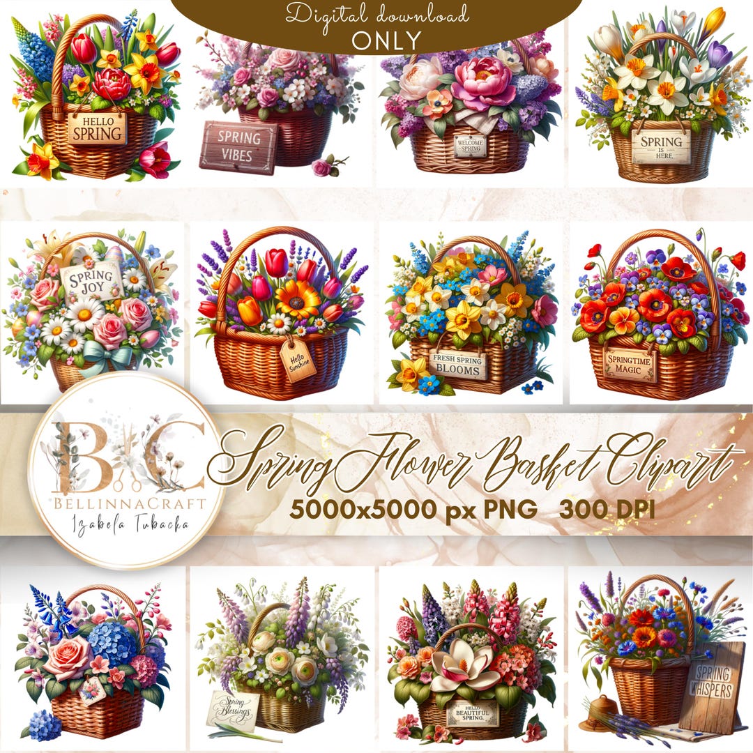 Spring Flower Basket Clipart, Spring Flower Clipart, Flower Basket ...