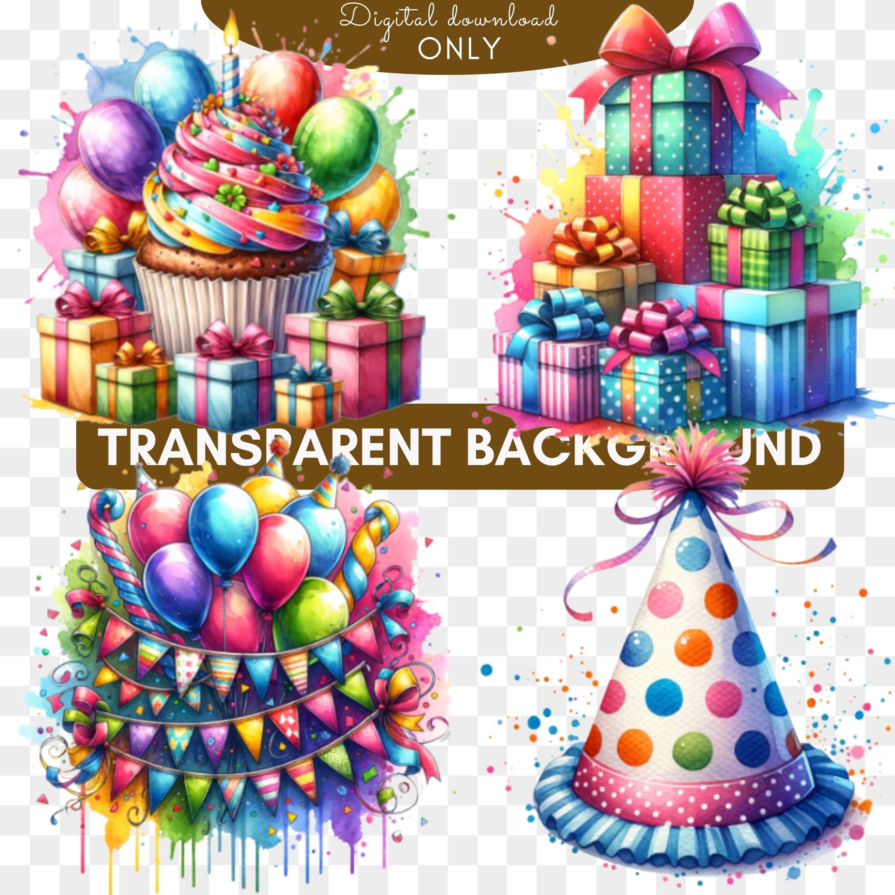 Watercolor Birthday Party Clipart, Cake Present Balloons Clipart Bundle ...