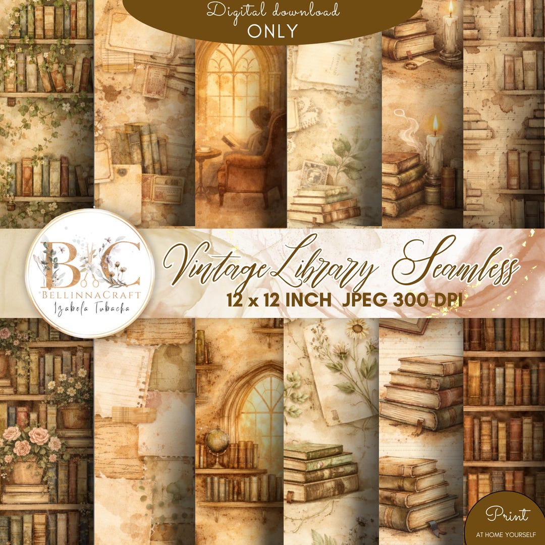 Vintage Library Seamless Digital Paper, Watercolor Bookshelf Patterns ...