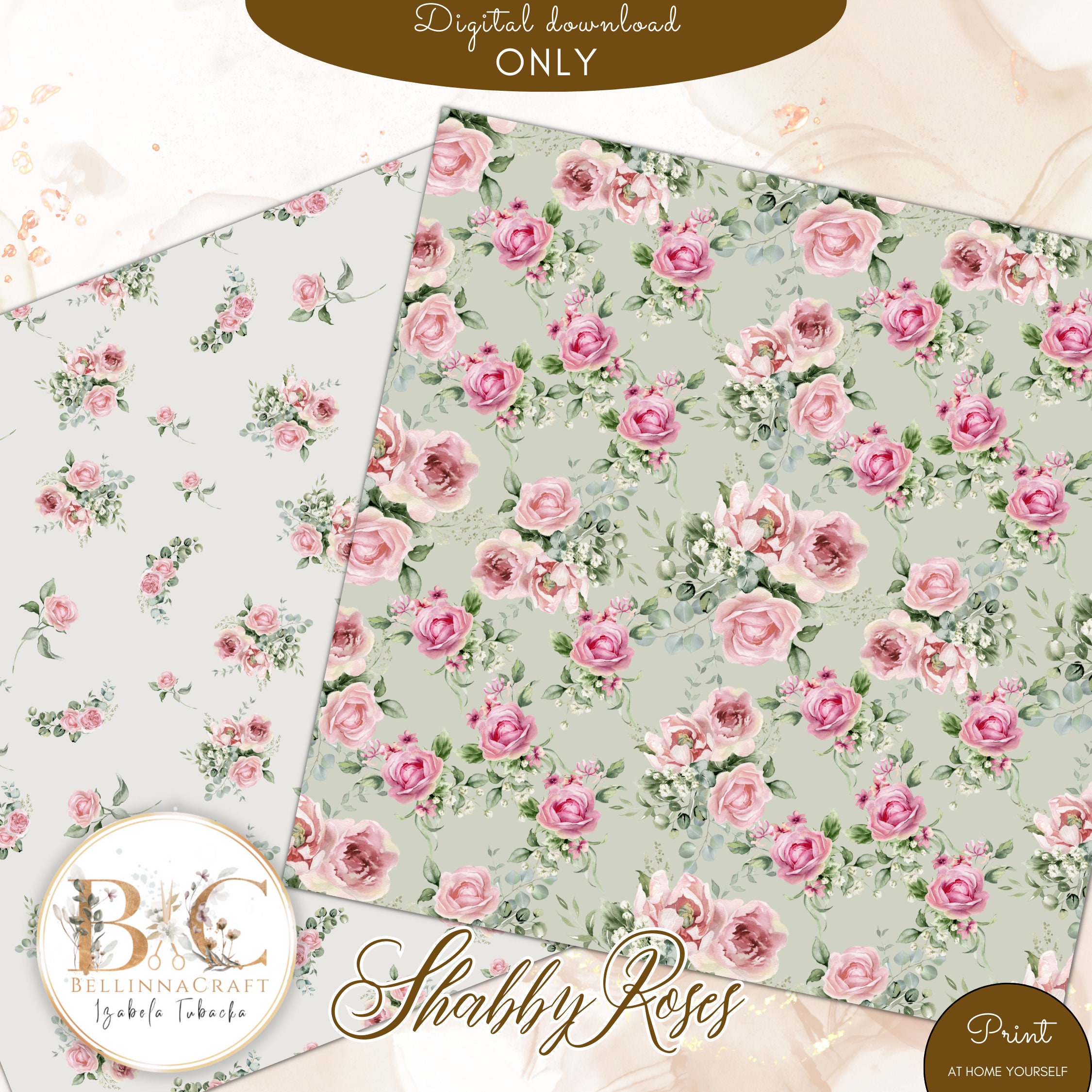 Watercolor Shabby Chic Pink Roses Digital Paper, Scrapbook Seamless ...