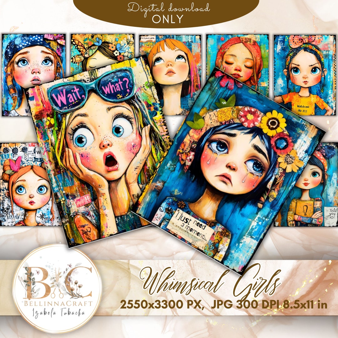 Whimsical Girls Colorful Background Images, Mixed Media Girls Junk Journal, Girls Junk Journal ...