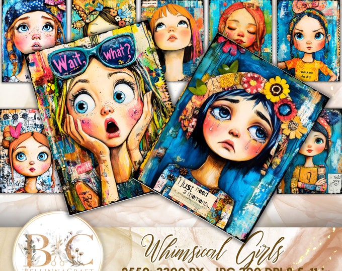 Whimsical Girls Colorful Background Images, Mixed Media Girls Junk ...