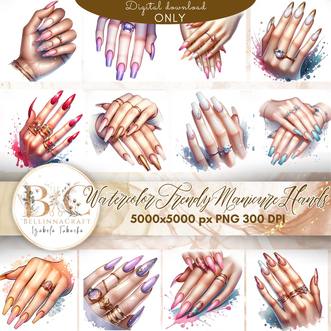 Watercolor Trendy Manicure Hands Clipart, Nail Tech Clipart, Nail ...
