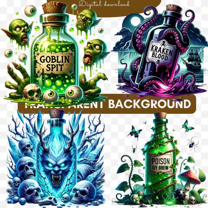 Halloween Poison Bottle Clipart Bundle, 12 PNG Potion Bottles, Spooky ...