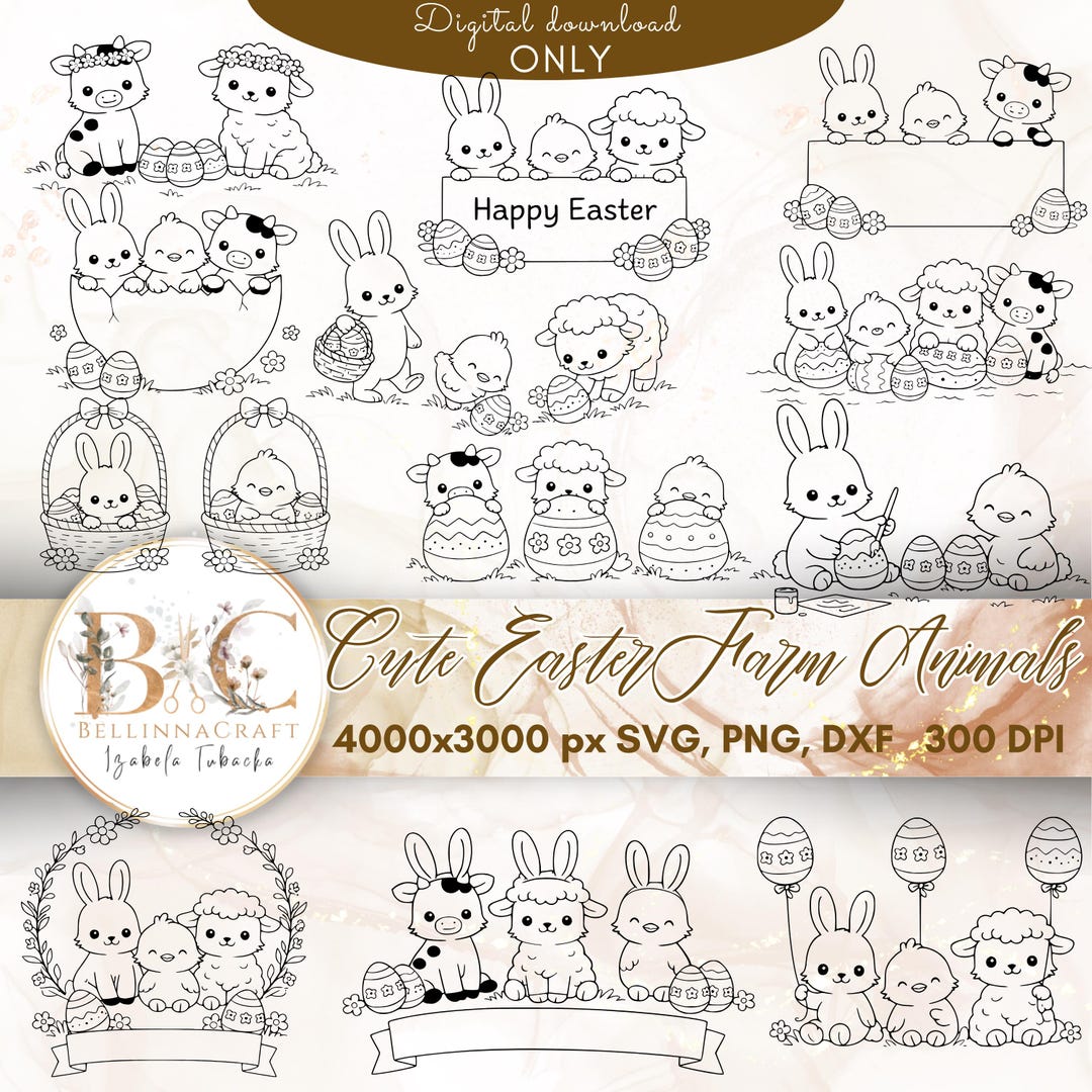 Cute Easter Farm Animals SVG Bundle, Bunny Lamb Chick Cow Easter ...