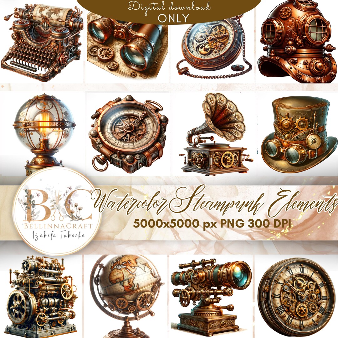 Watercolor Steampunk Elements Clipart Bundle Technology Art PNG ...