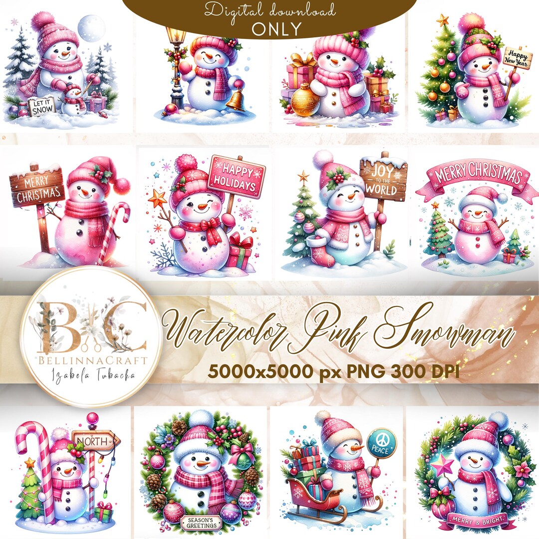 Watercolor Pink Snowman Clipart, Christmas Pink Snowman Clipart, Pink ...