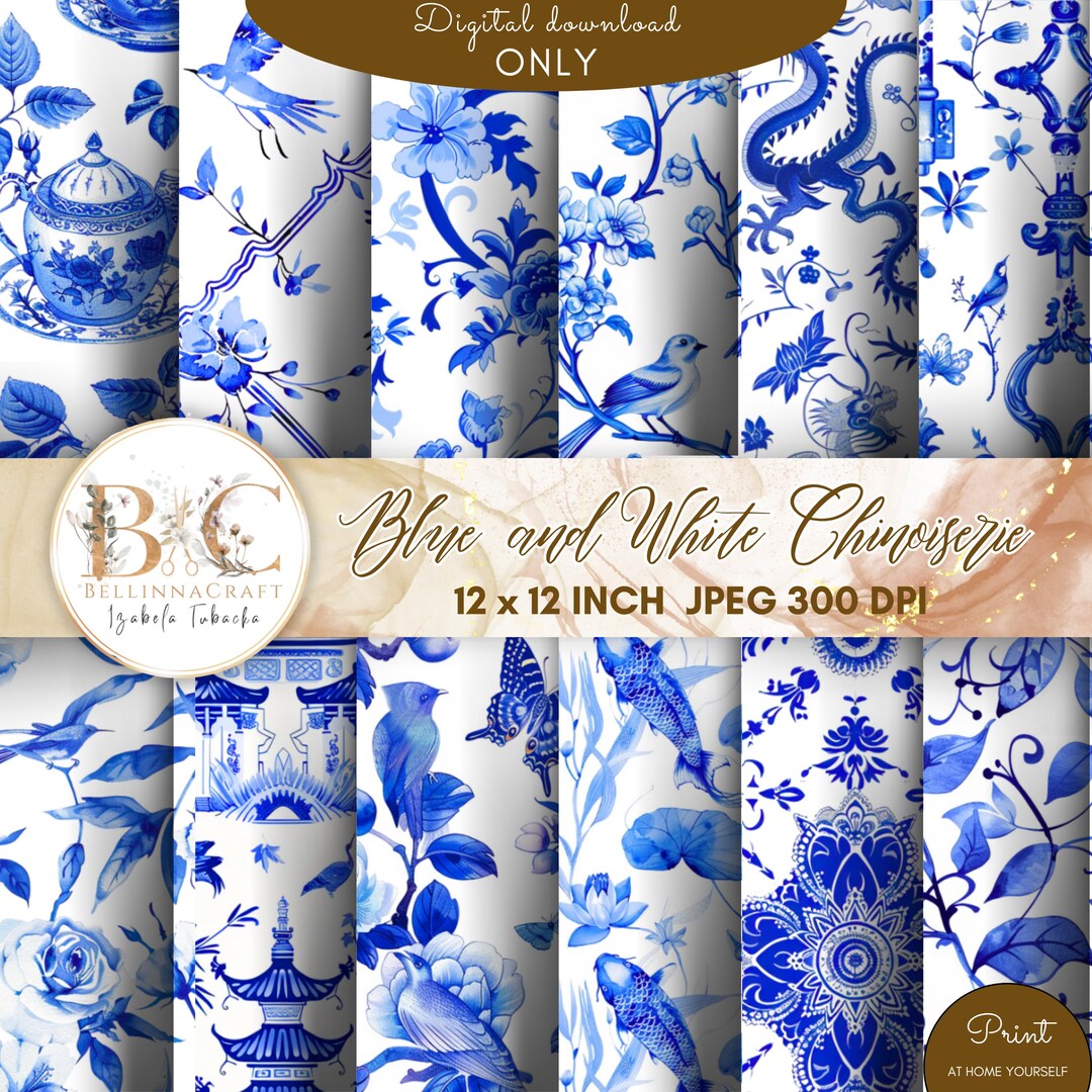 Blue and White Chinoiserie Seamless Digital Paper, Cobalt Porcelain ...