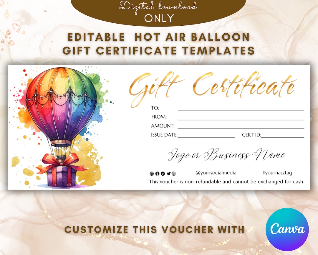 Unique Hot Air Balloon Gift Certificate Template Balloon Gift Card ...