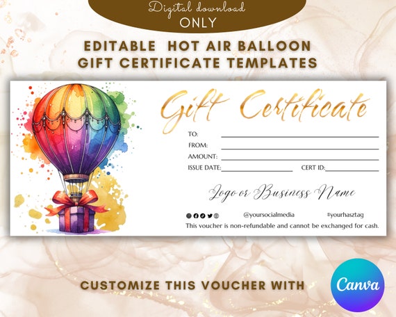 Unique Hot Air Balloon Gift Certificate Template Balloon Gift Card Template Gift Voucher Printable Sky Adventure Vouchersky Tour Gift Card Etsy UK