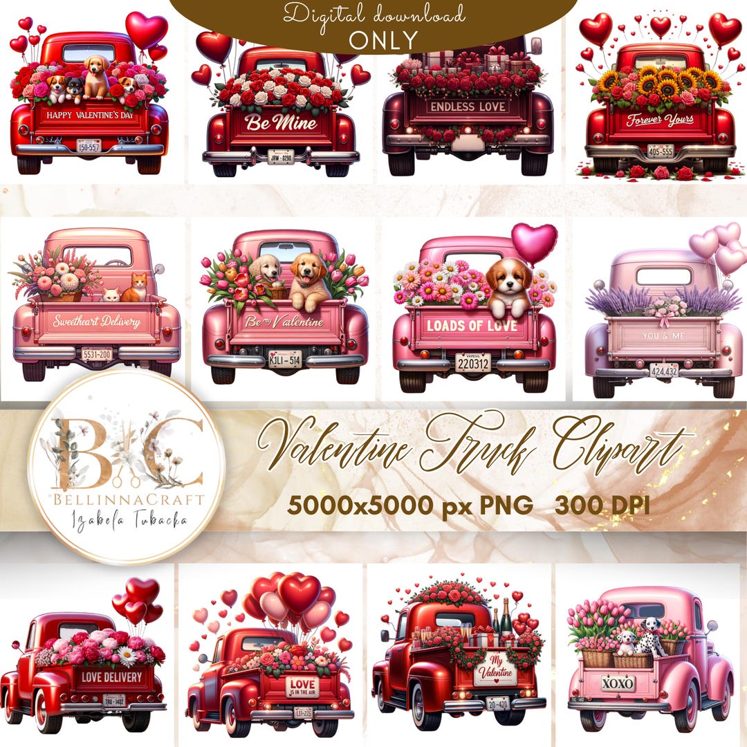 Valentine Truck Clipart, Happy Valentine's Day PNG, Red Pink Holiday ...