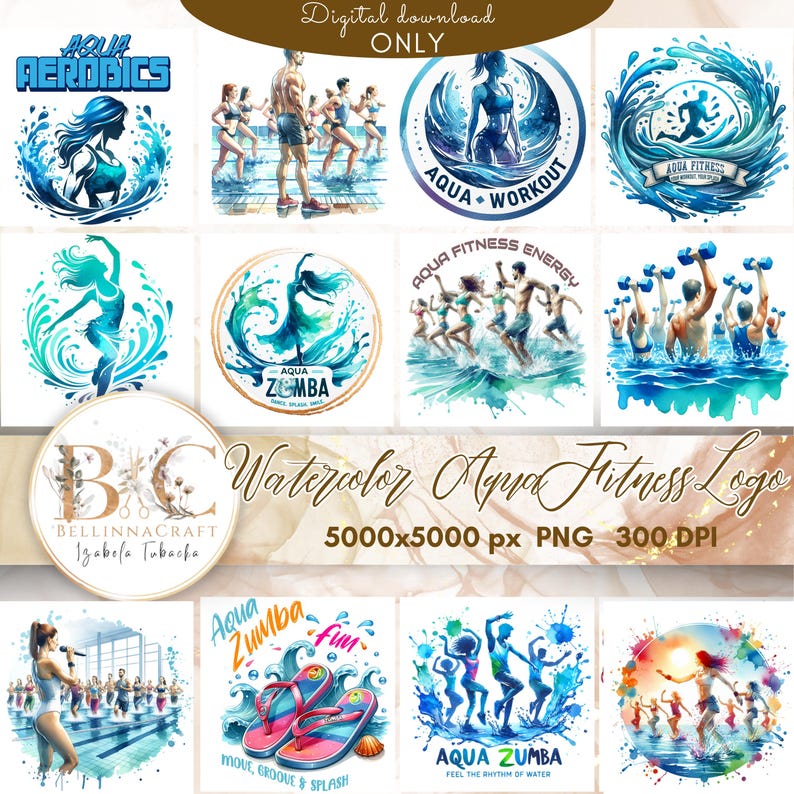 Watercolor Aqua Fitness Logo Bundle, Aqua Zumba Clipart Set, Aqua ...