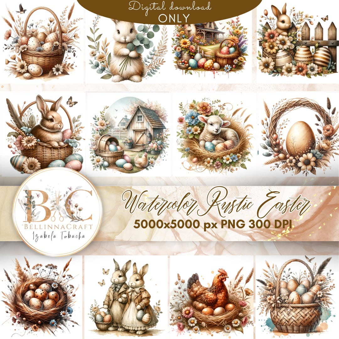 Watercolor Rustic Easter Clipart PNG, Vintage Easter Clipart, Happy ...