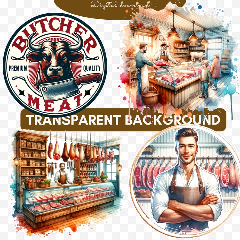 Watercolor Butcher Shop Clipart, Meat Shop Digital Illustrations ...