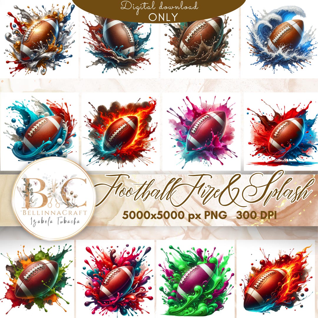 Watercolor Football Fire and Splash Clipart, Football Printable Art ...