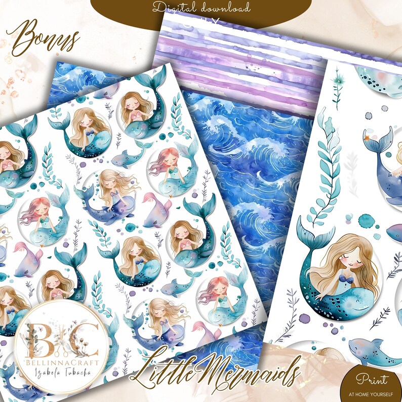Watercolor Little Mermaids Seamless Digital Paper, Scrapbook Paper ...