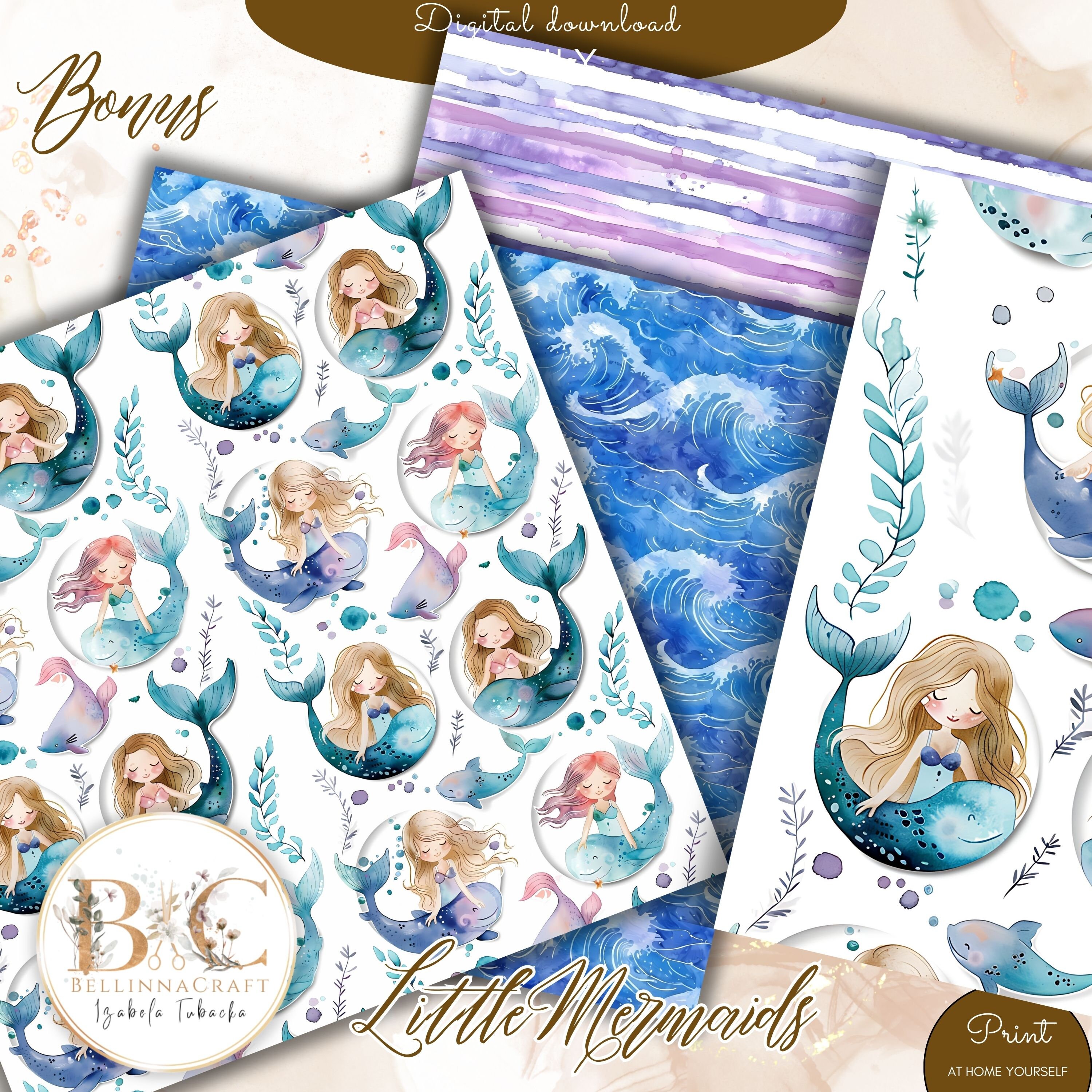 Watercolor Little Mermaids Seamless Digital Paper, Scrapbook Paper ...