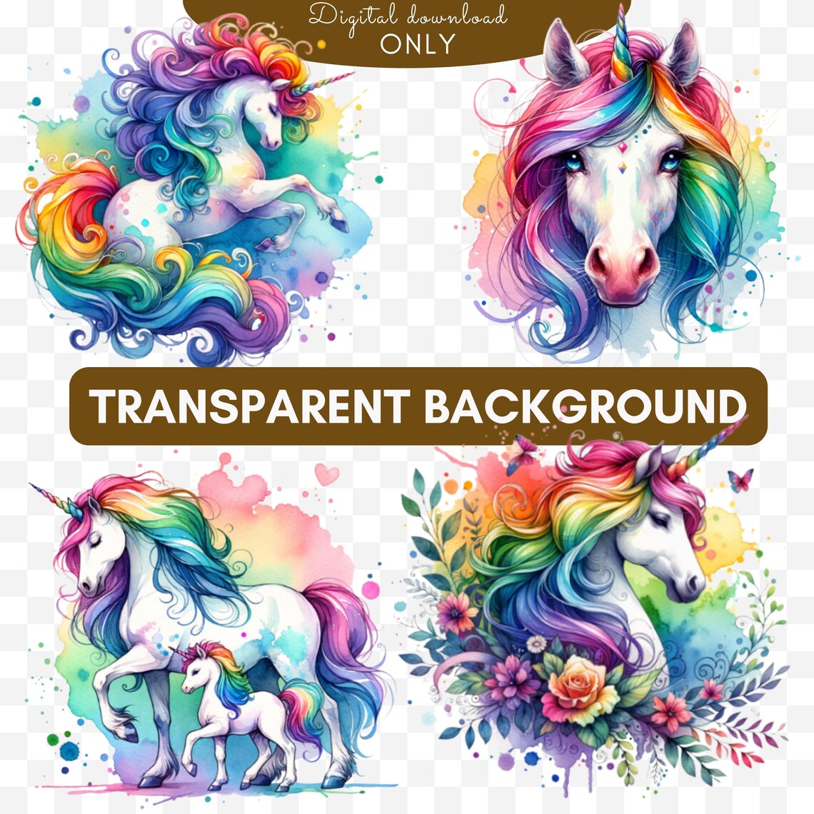 Watercolor Rainbow Unicorn Clipart, Magic Unicorn Graphics, Watercolor ...