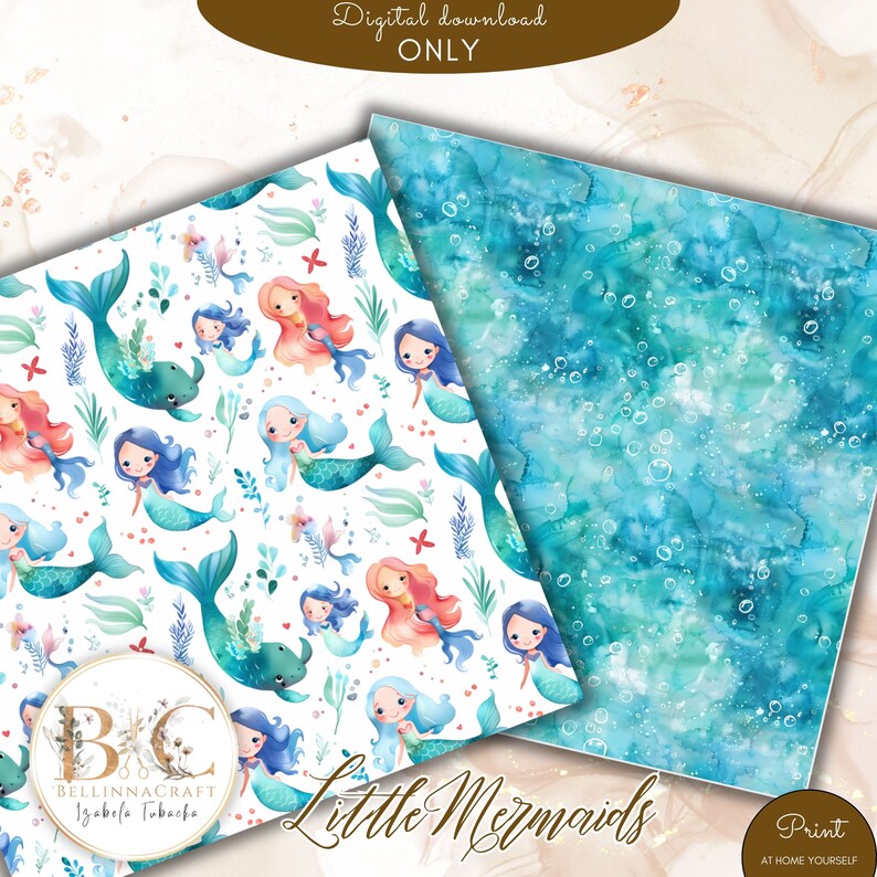 Watercolor Little Mermaids Seamless Digital Paper, Scrapbook Paper ...