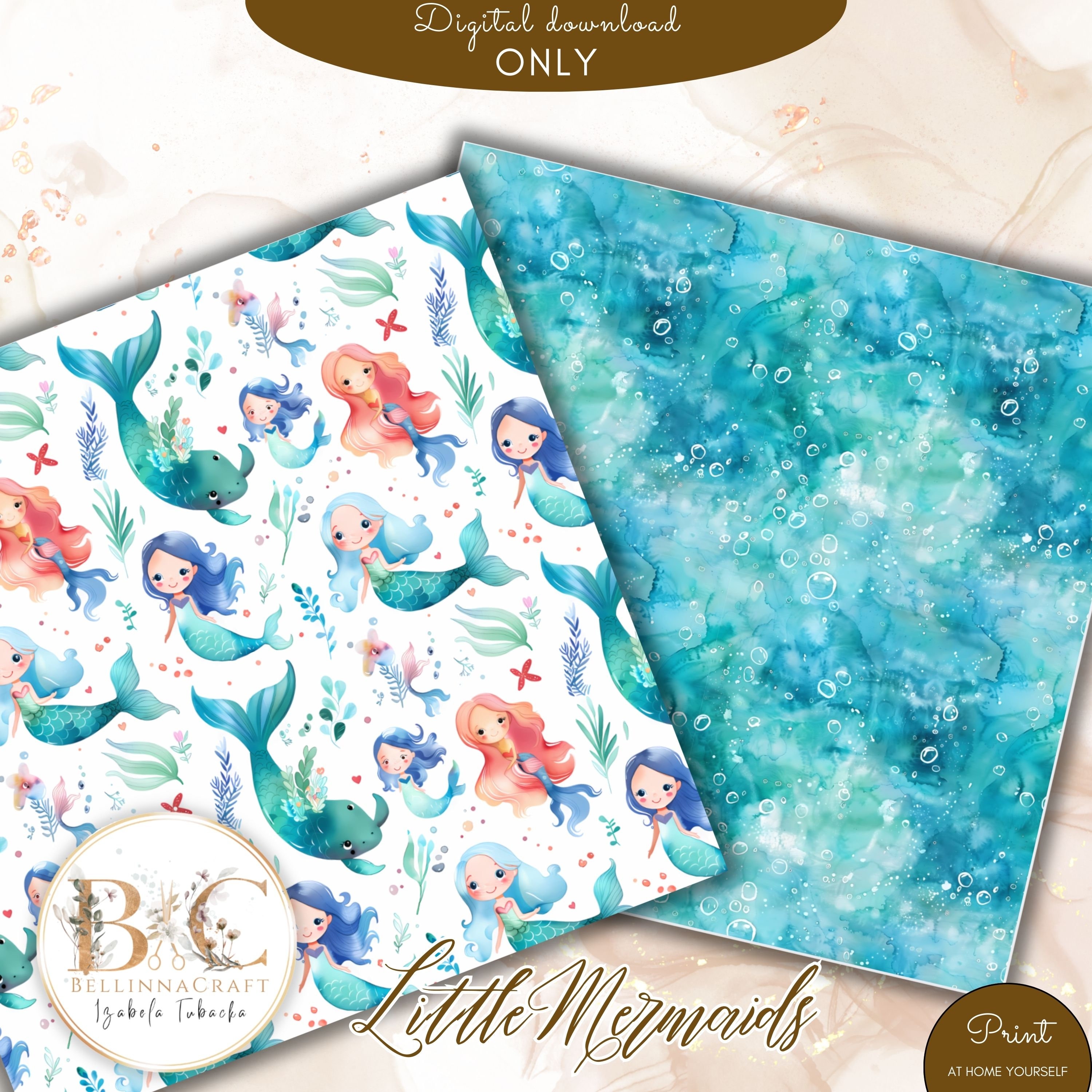 Watercolor Little Mermaids Seamless Digital Paper, Scrapbook Paper ...