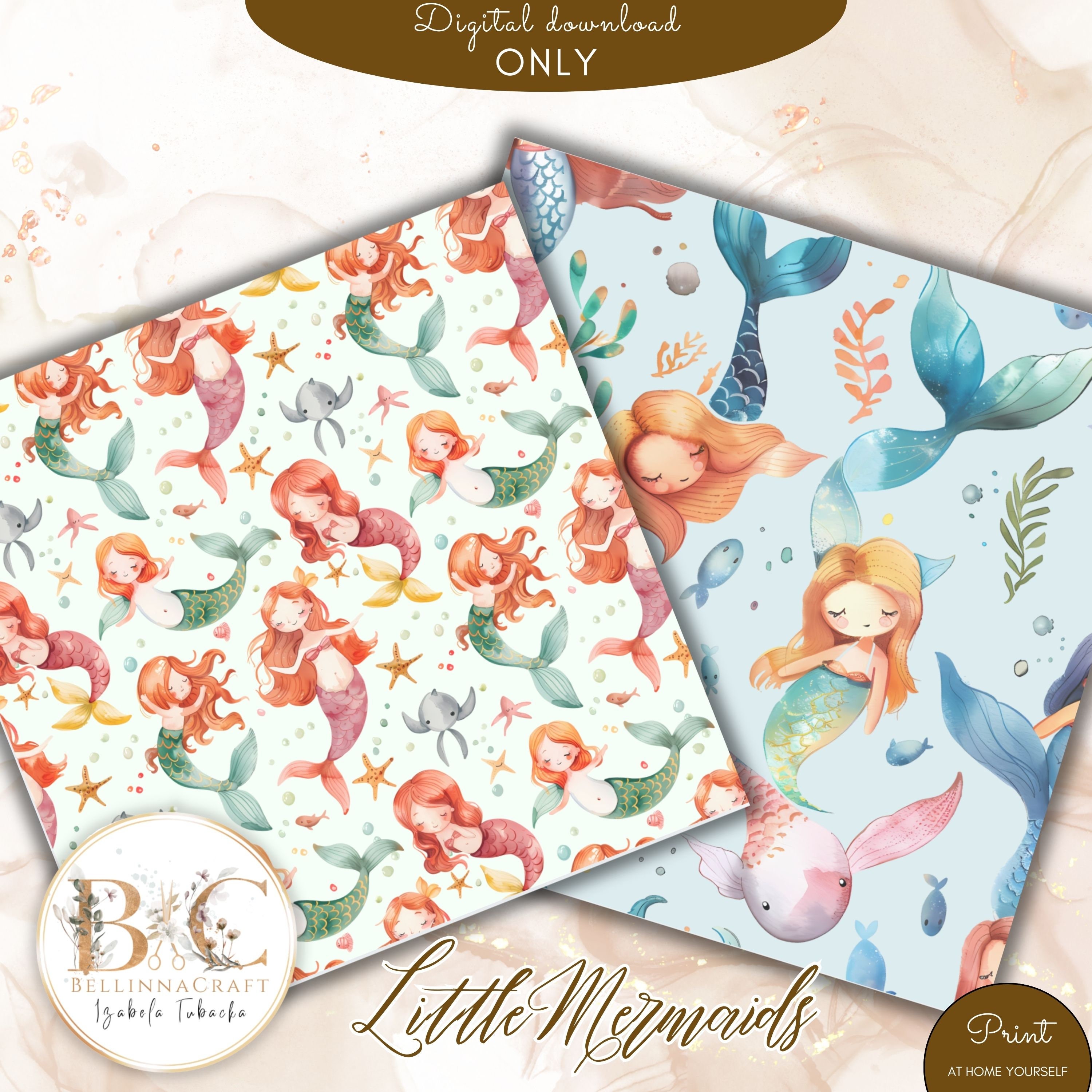Watercolor Little Mermaids Seamless Digital Paper, Scrapbook Paper ...