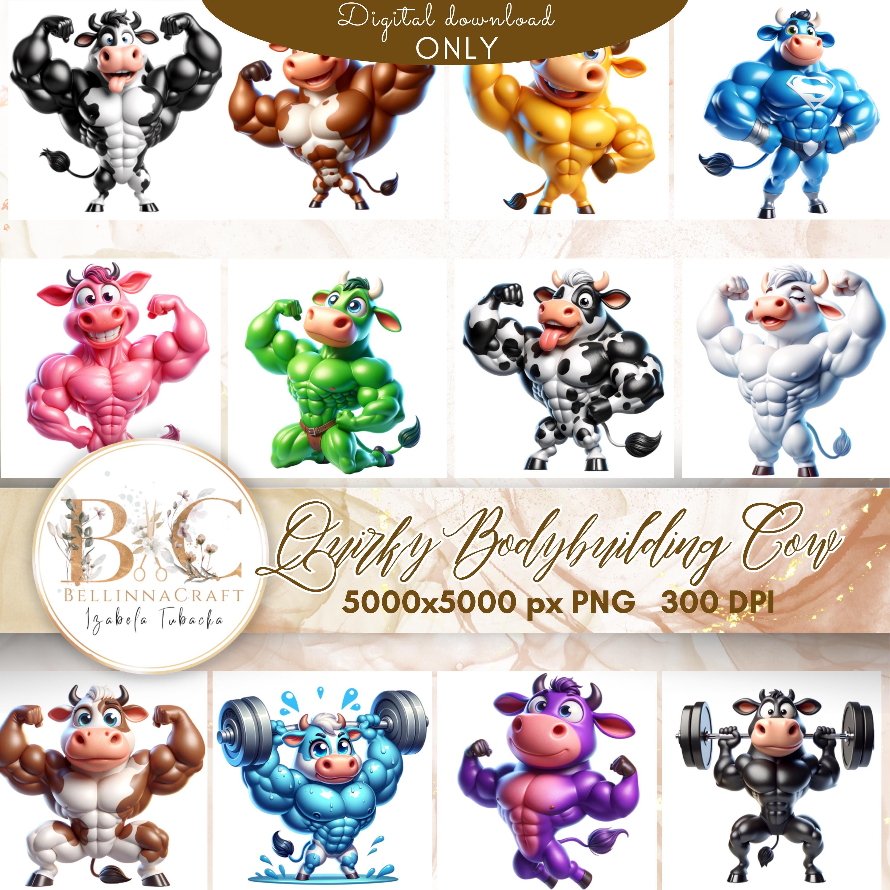 Quirky Bodybuilding Cow 3D Cartoon Clipart, Muscular Cow Clipart ...