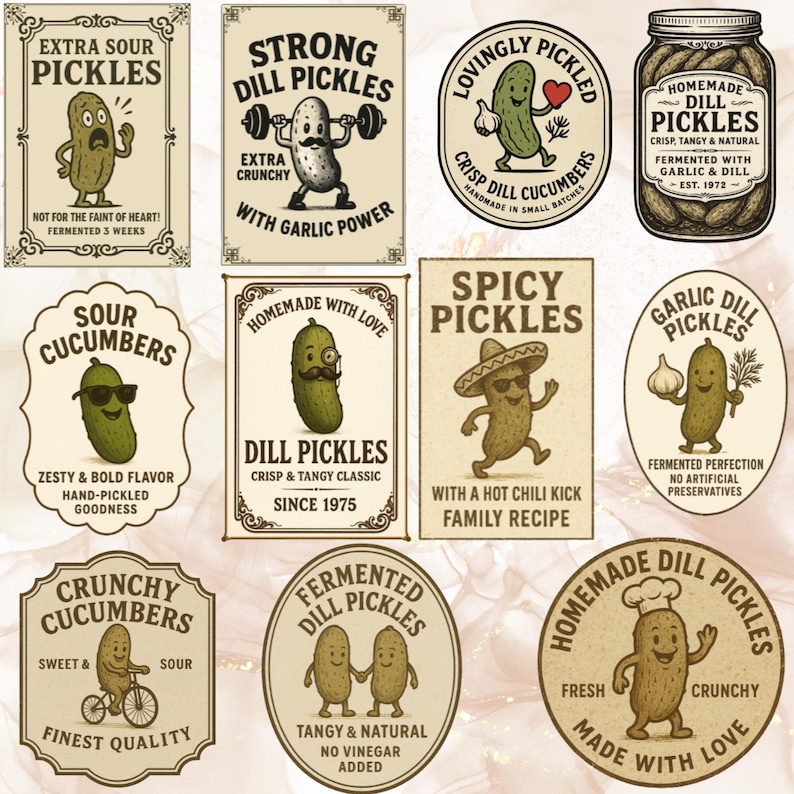 Vintage Pickles Labels Clipart, Retro Pickle Jar Labels for Canning ...