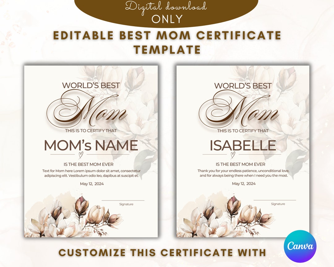 Editable Best Mom Certificate Template Personalized Gift for Mother's ...