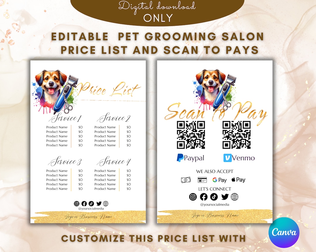 Pet Grooming Salon Price List Template, Printable Price List EDITABLE ...