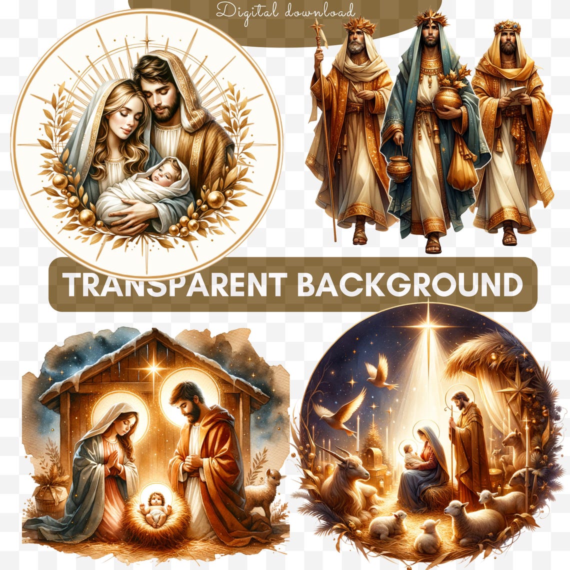 Golden Nativity Clipart Bundle, Luxurious Watercolor Manger Scenes Pngs ...