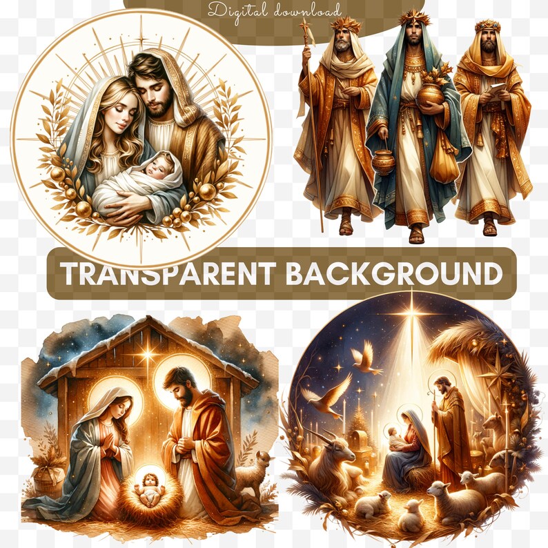 Golden Nativity Clipart Bundle, Luxurious Watercolor Manger Scenes Pngs ...