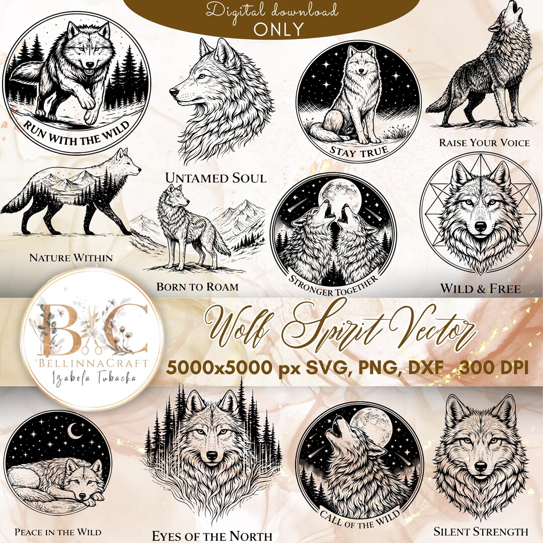 Wolf Spirit Vector Collection, Bold Line Art Wolves With Quotes, Tattoo ...