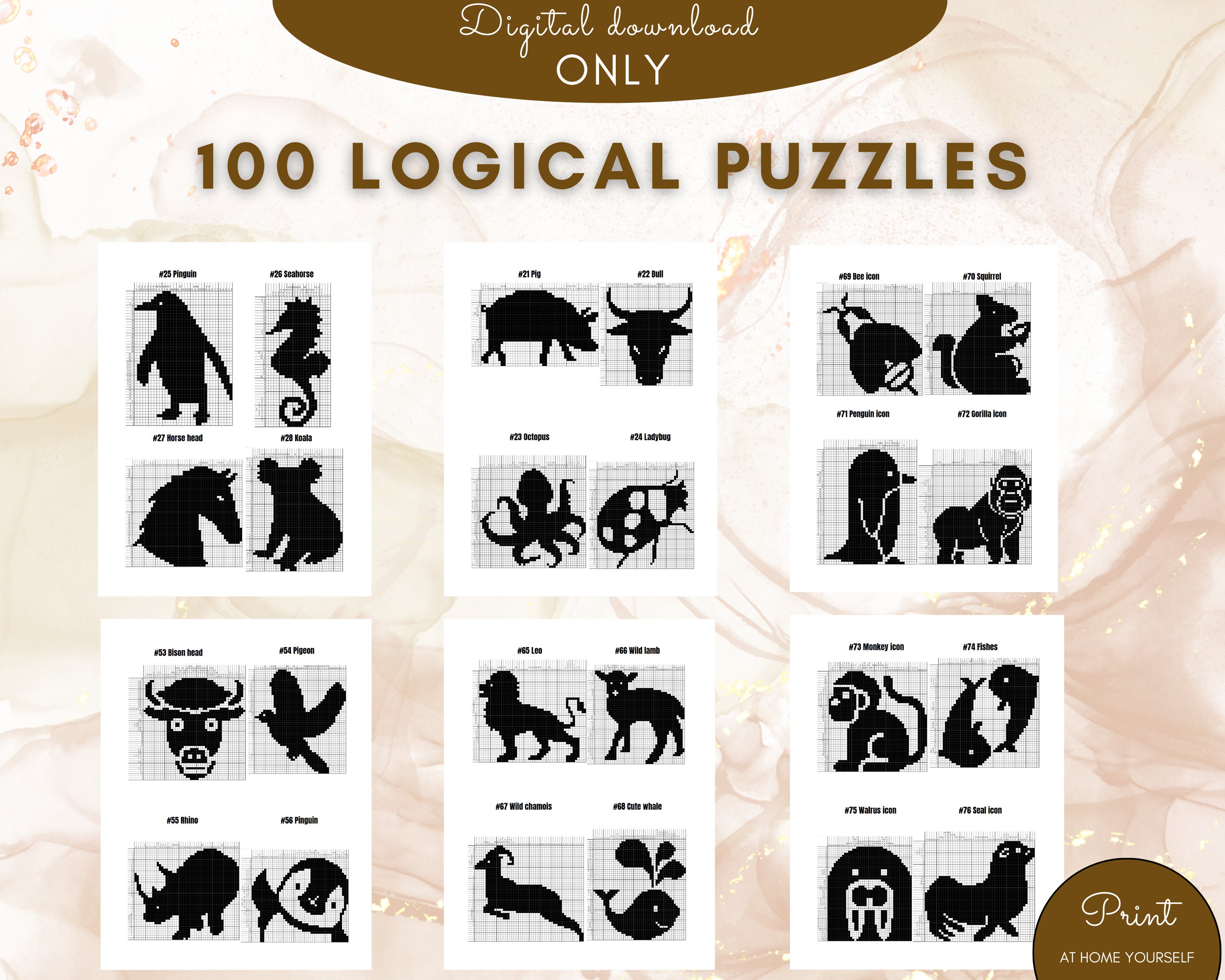 100 Animal Nonograms Hanjie, Griddlers, Pic-a-pix, Picross, Picma, or ...