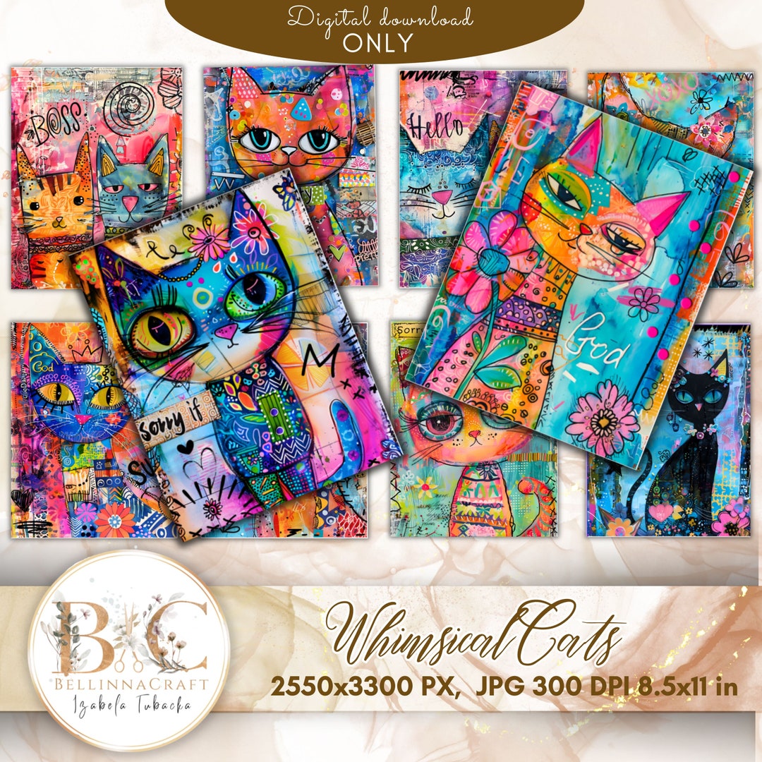 Whimsical Cats Colorful Background Images, Mix Media Cat Junk Journal ...