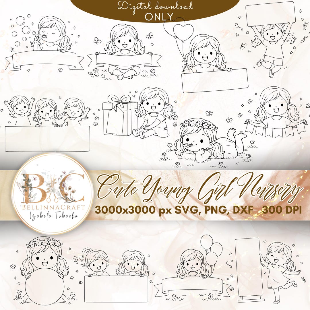 Cute Young Girl Nursery SVG Bundle, Kids Line Art Clipart, Blank Banner ...