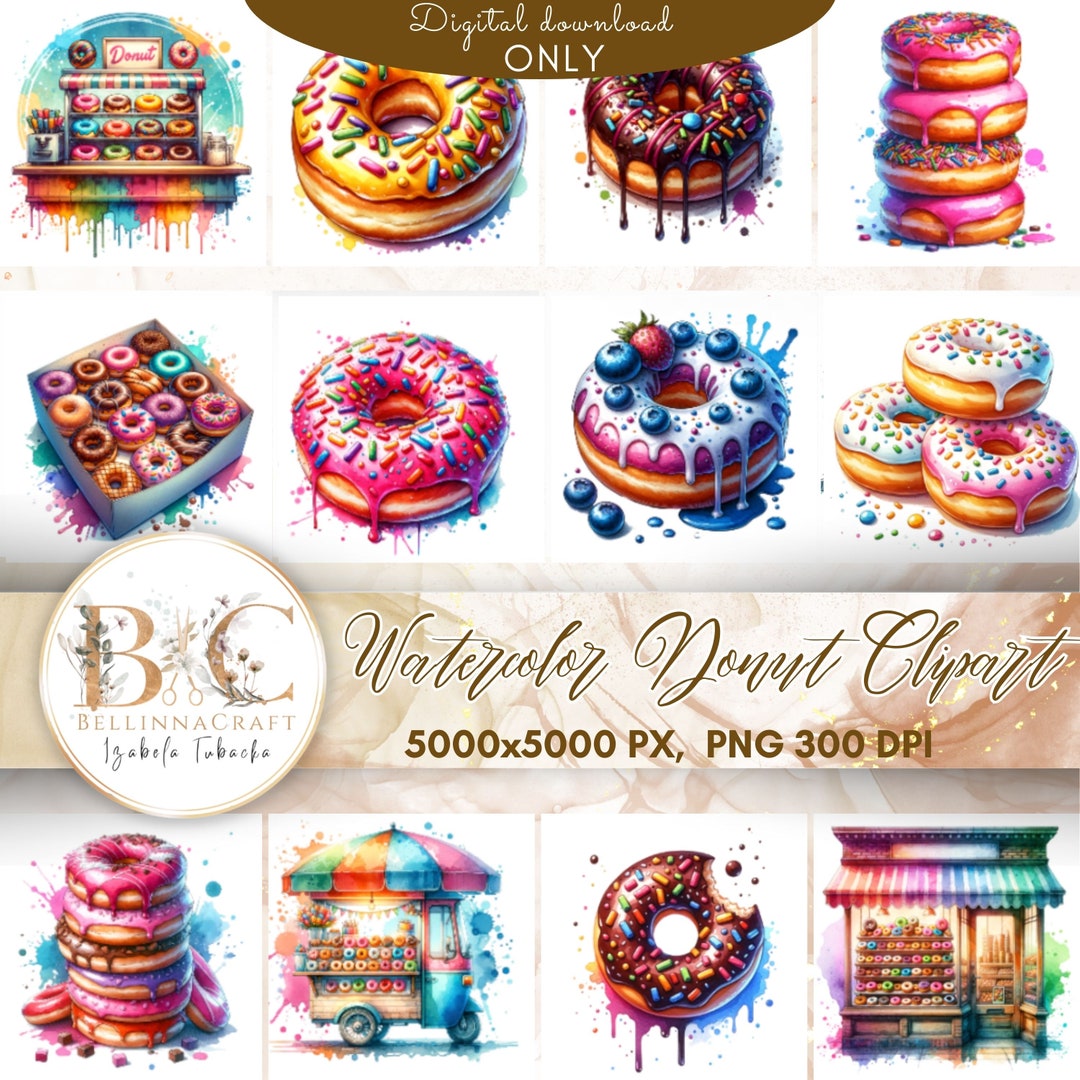 Watercolor Donuts Clipart, Doughnuts Clipart, Baking Clipart, Sprinkled ...