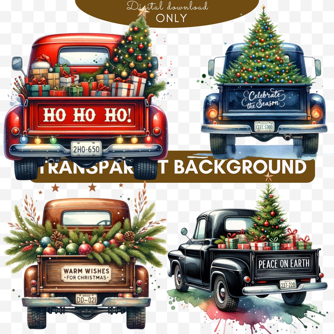 Watercolor Christmas Truck Clipart, Christmas Farm Truck Clipart, Red ...