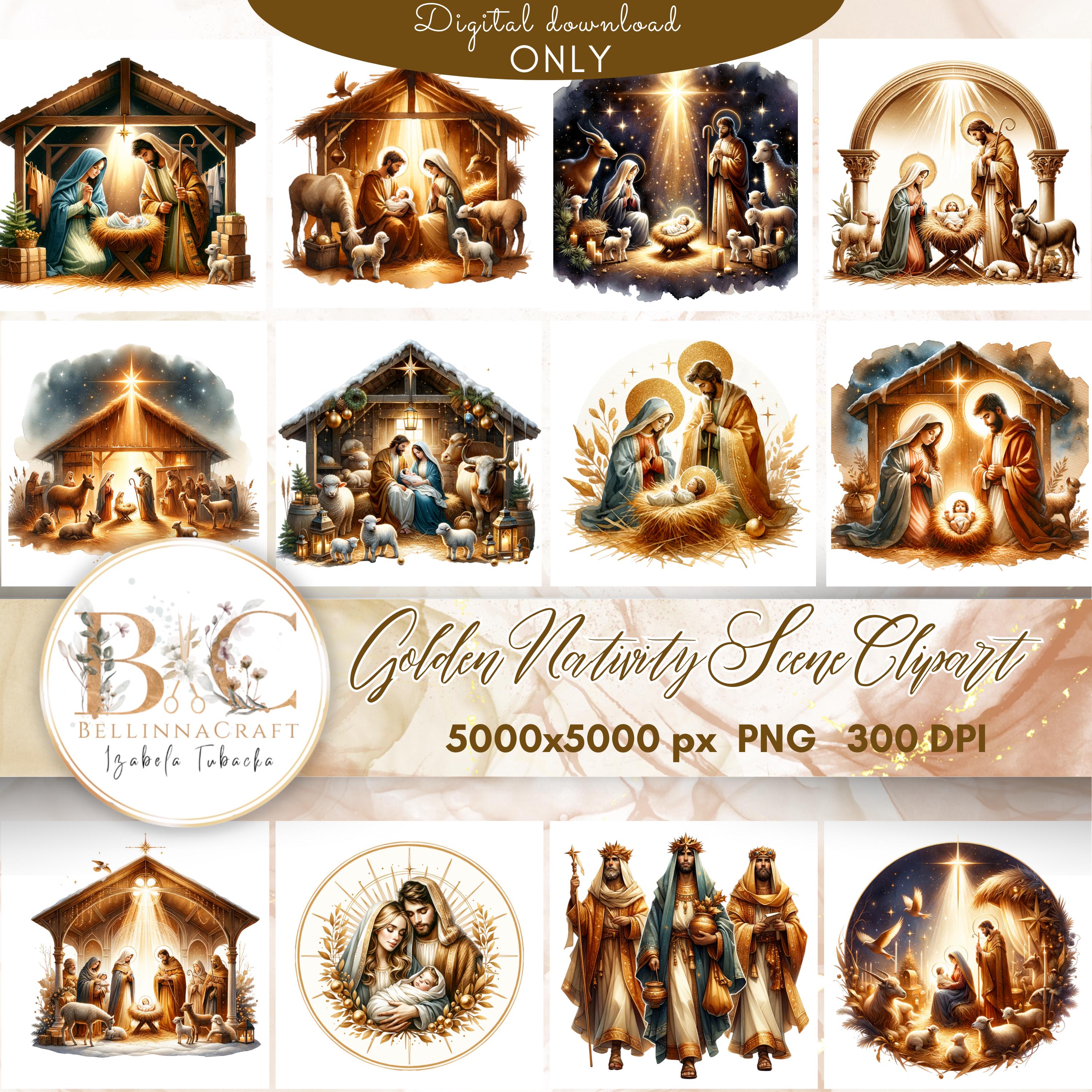 Golden Nativity Clipart Bundle, Luxurious Watercolor Manger Scenes Pngs ...