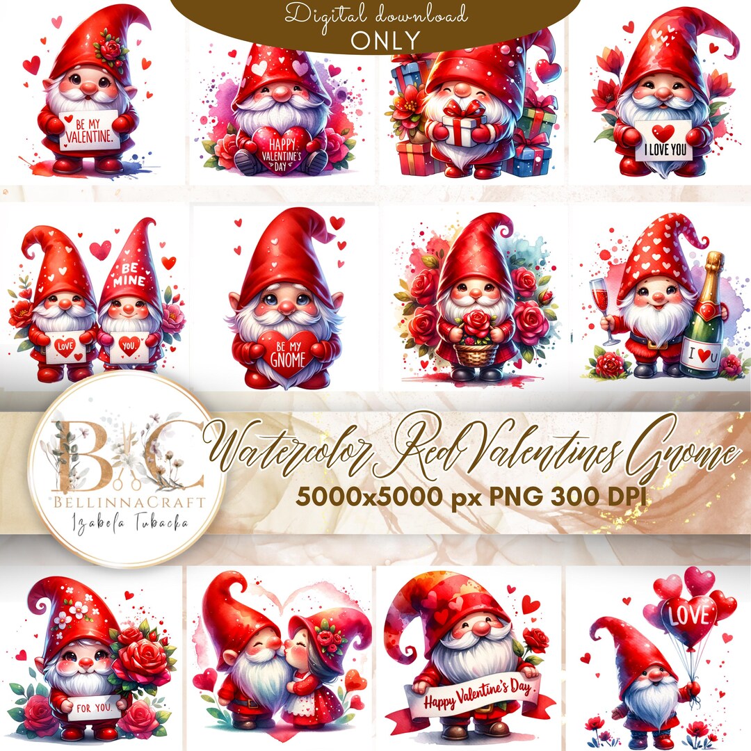 Watercolor Red Valentine Gnome Clipart, Valentine Gnomes, Valentine Day ...