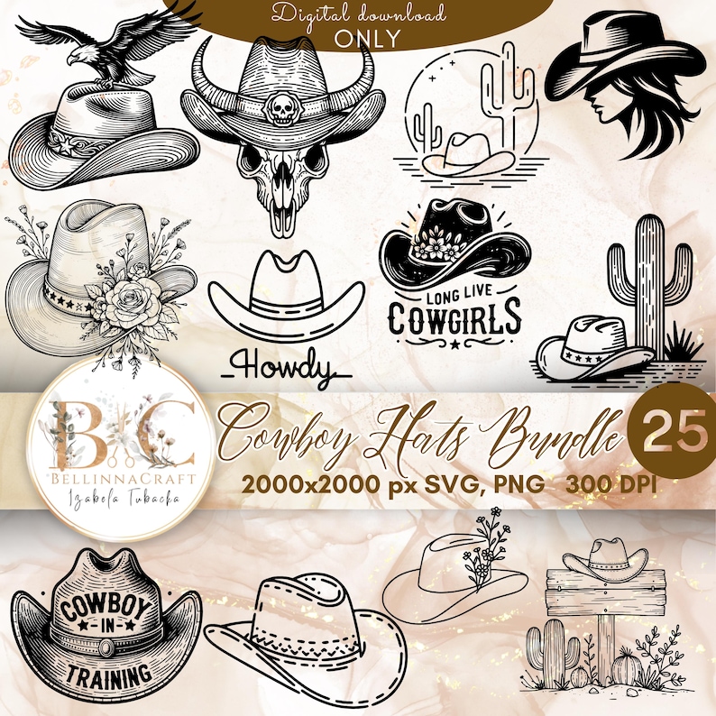 Cowboy Hats SVG Bundle, Cowgirl Hats, Cowboy Hats Clipart, Laser Cut Files SVG PNG, Cowboy Hats ...