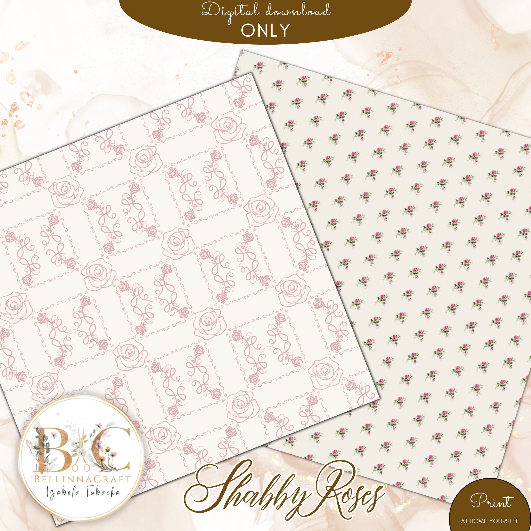 Watercolor Shabby Chic Pink Roses Digital Paper, Scrapbook Seamless ...