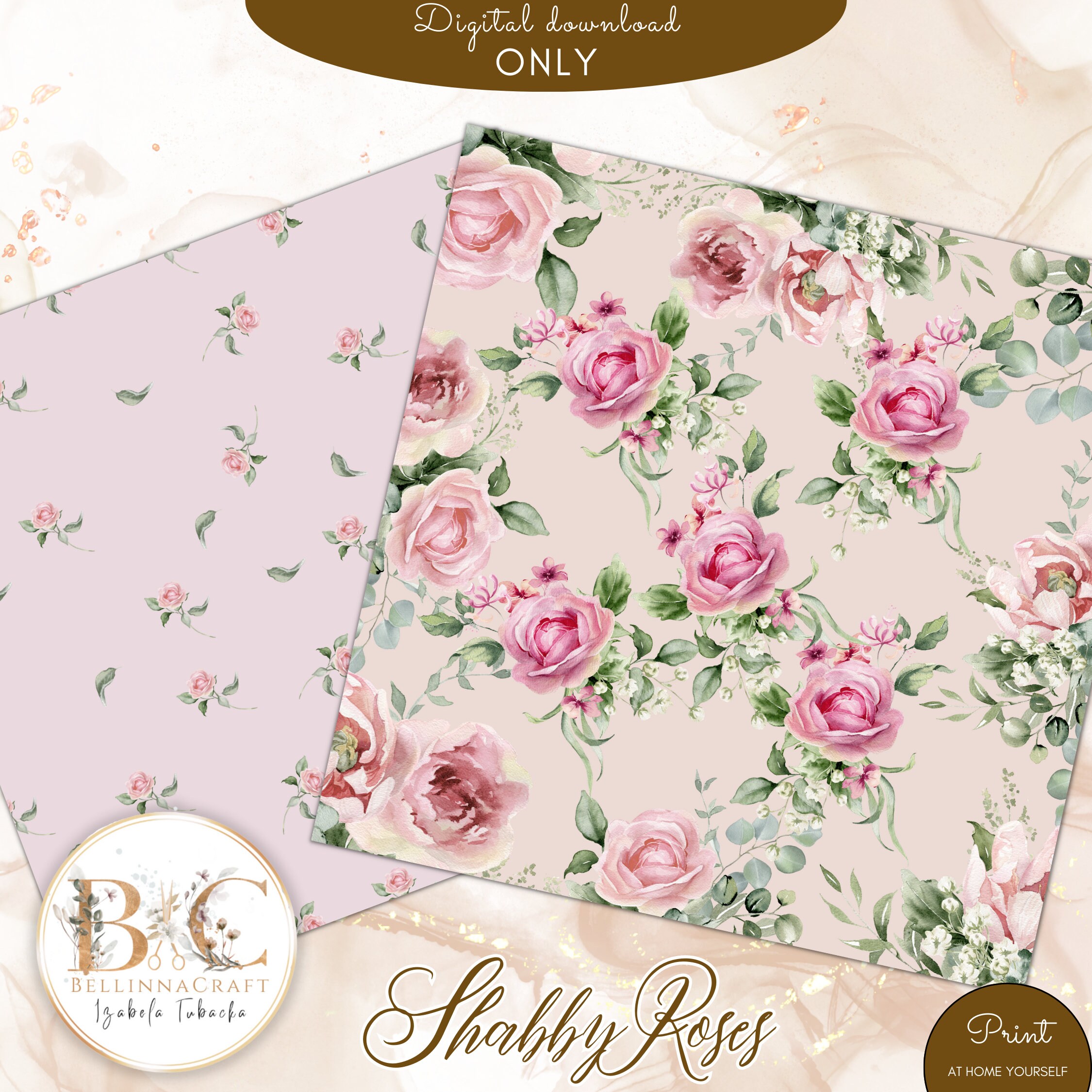 Watercolor Shabby Chic Pink Roses Digital Paper, Scrapbook Seamless ...