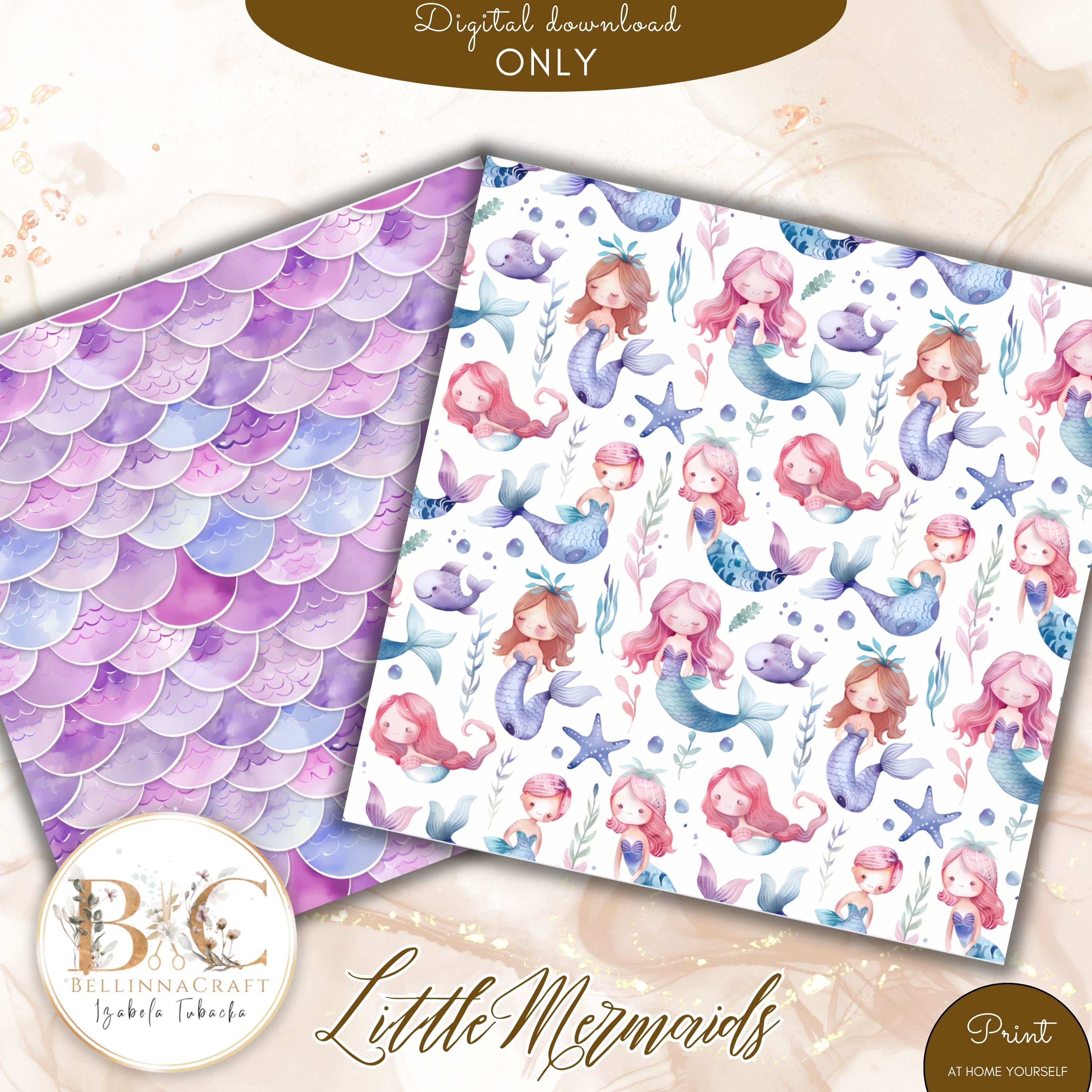 Watercolor Little Mermaids Seamless Digital Paper, Scrapbook Paper ...