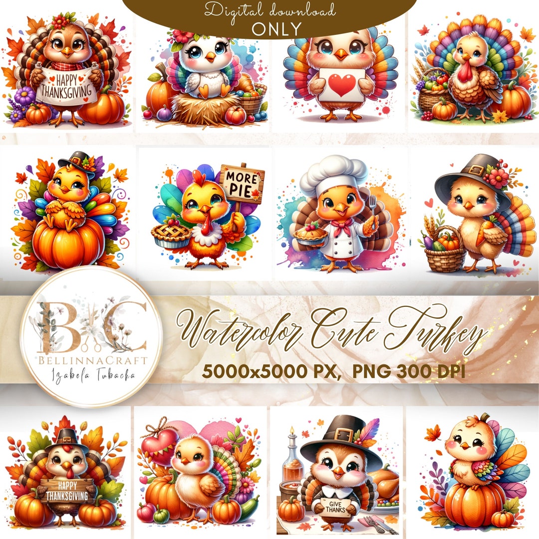 Watercolor Thanksgiving Clipart, Watercolor Cute Turkey, Autumn Clipart ...