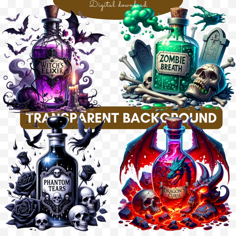 Halloween Poison Bottle Clipart Bundle, 12 PNG Potion Bottles, Spooky ...